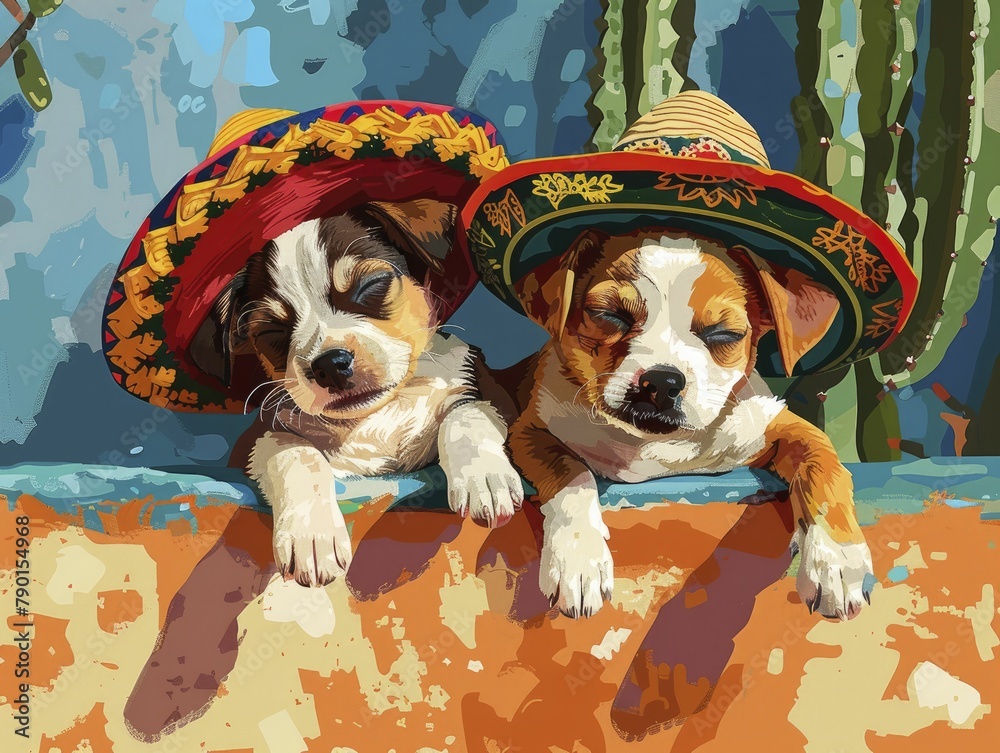 ภาพประกอบสต็อก Illustration capturing Mexican street dogs in sombreros ...