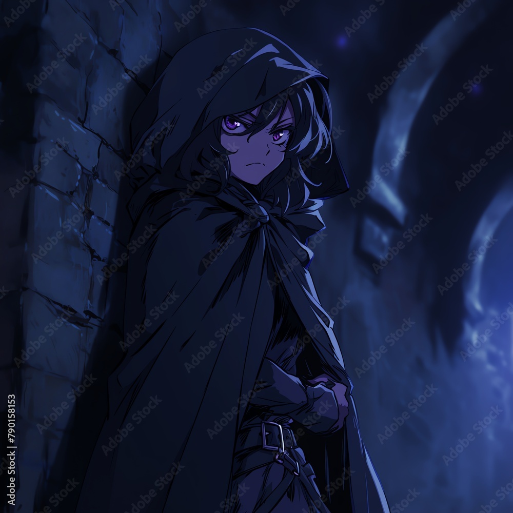 A mysterious anime manga girl with a cloak, lurking in the shadows of a ...