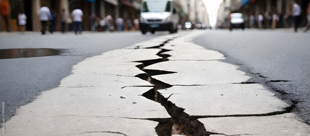A street with a noticeable crack splitting it in the middle, showing ...