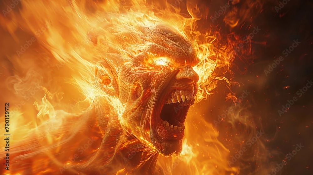Angry human, transformed by the fires of hell, screaming with a ...