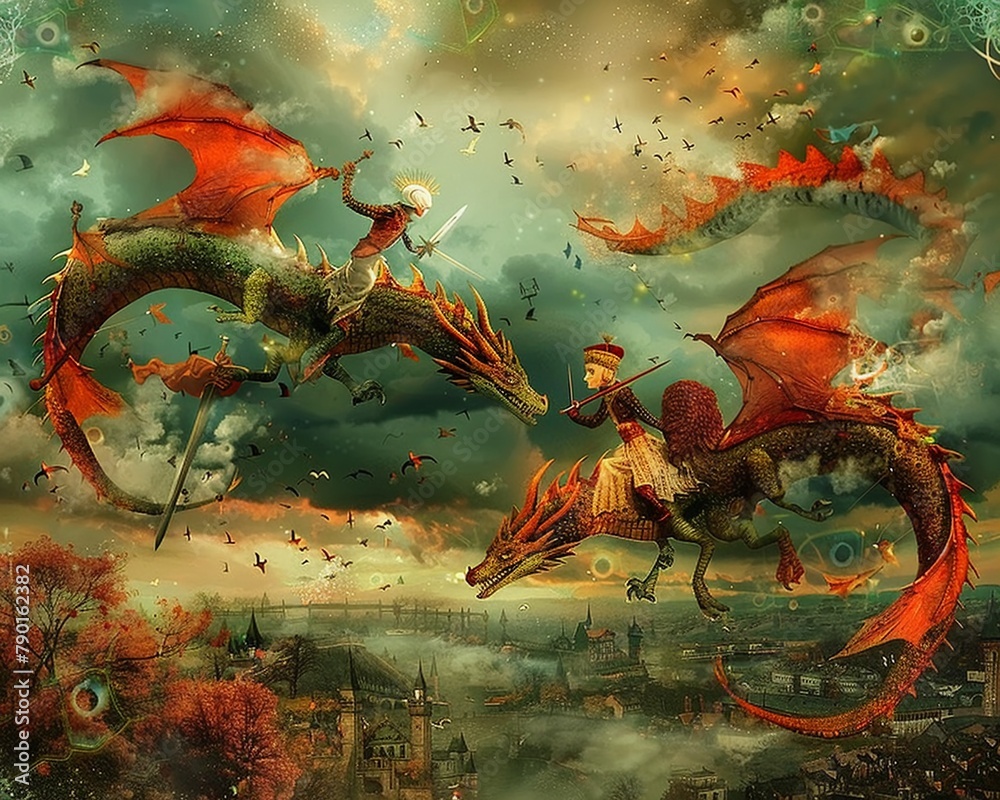 Two knights clash in a brutal aerial joust, their respective dragons ...