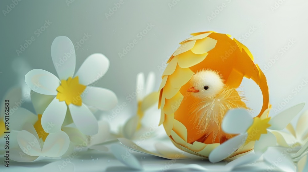 A delicate papercut depiction of a hatching Easter chick emerging from ...