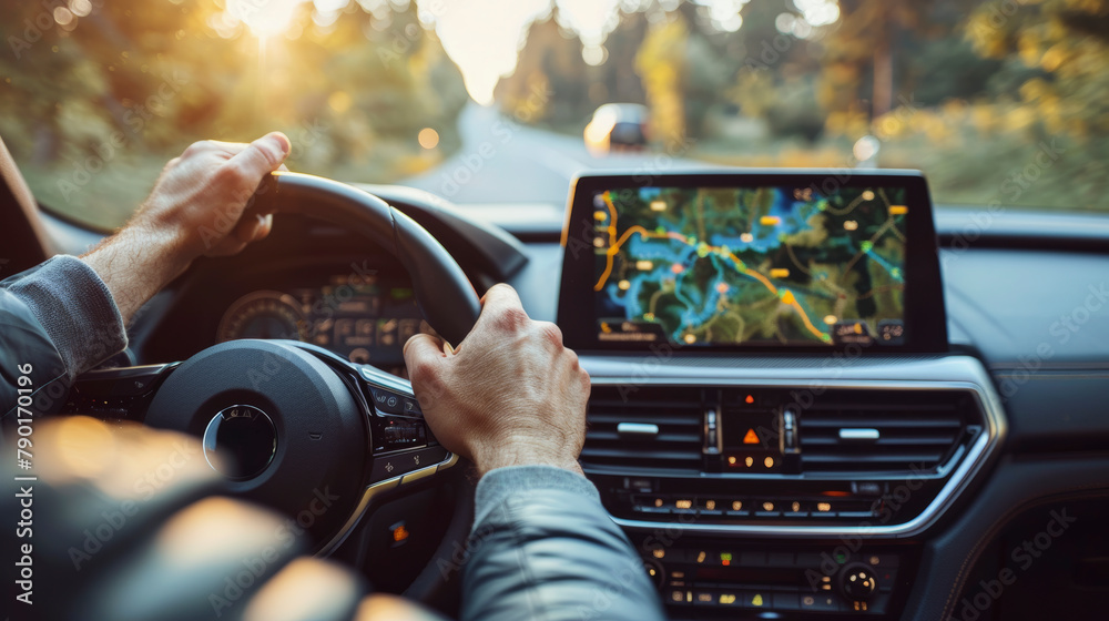 Driver's hands on steering wheel with a modern car dashboard and GPS ...