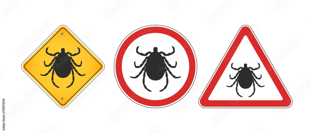 Vector set of information and warning signs. Black silhouette of a tick ...