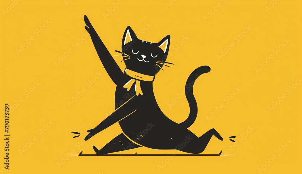 Happy dancing cat. 2d flat doodle illustration. Black and yellow color ...