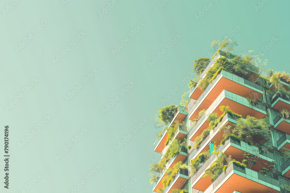 Eco-friendly skyscrapers with rooftop gardens under a clear sky ...
