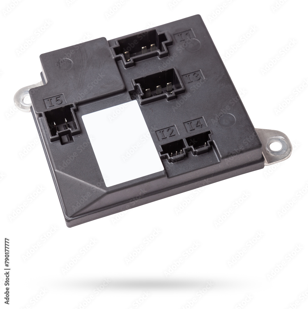 Plastic car engine control unit with connector soaring on a white ...