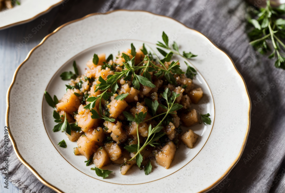Still life of bitter herbs and charoset on a vintage plate, blurred ...