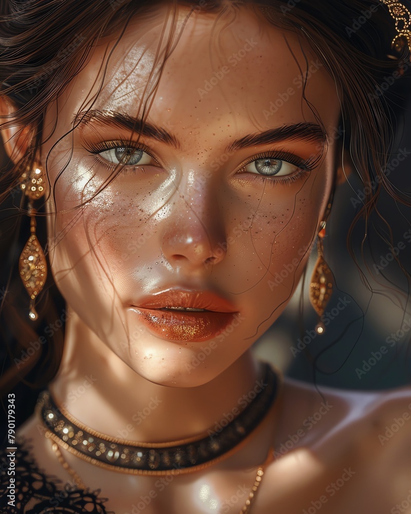 Craft a digital rendering of a stylish lady in a wide-angle view using ...