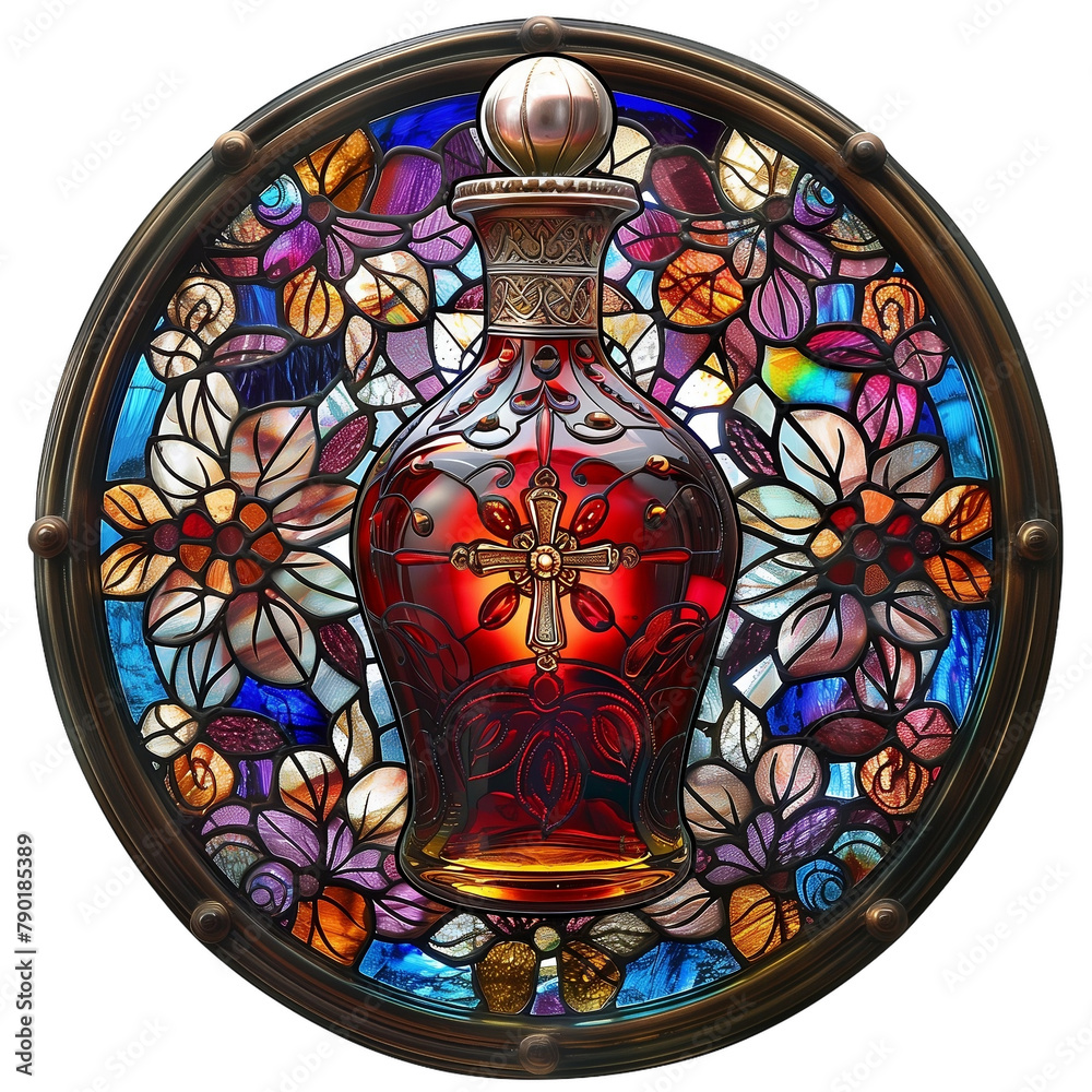 A round stained glass window with a holy wine for the Catholic ...