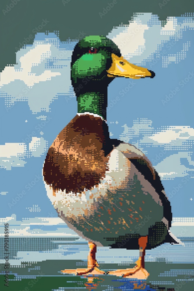 Craft a stylized pixel art rendition of a Mallard duck from a birds-eye ...