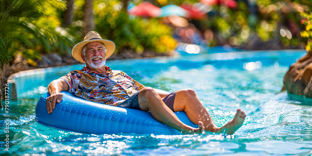 Senior citizen floating on a lazy river ride inner tube at a water park ...