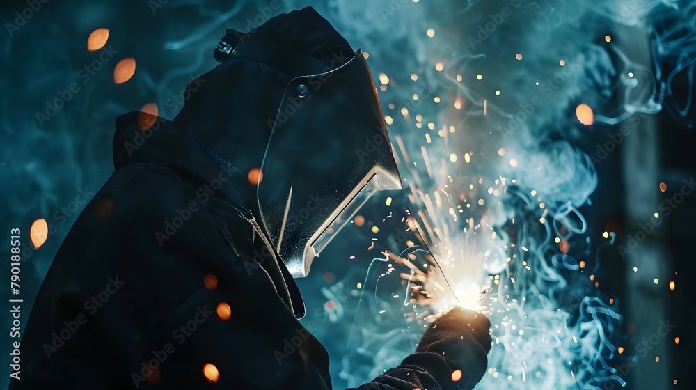 Welder welding metal with argon arc welding machine and has welding ...