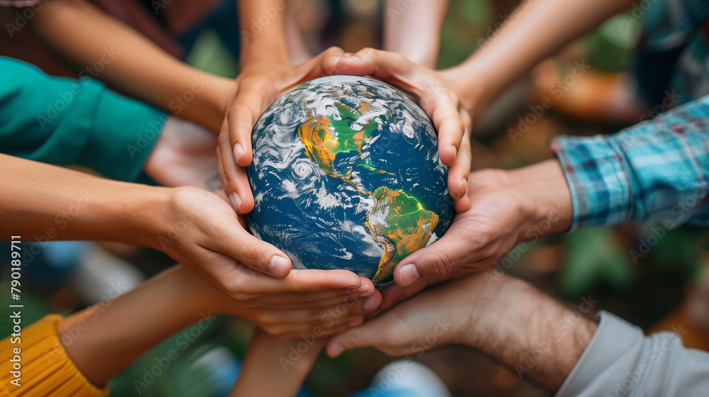 Diverse hands encircle Earth. Symbolic image of global unity for protecting our planet ...