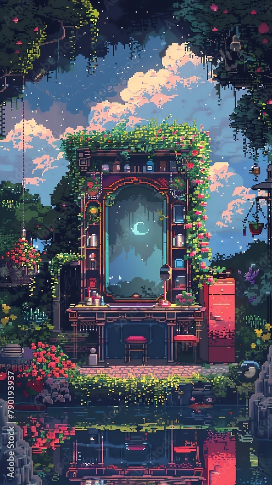 Craft a whimsical pixel art rendition of a vanity set in a dreamy ...