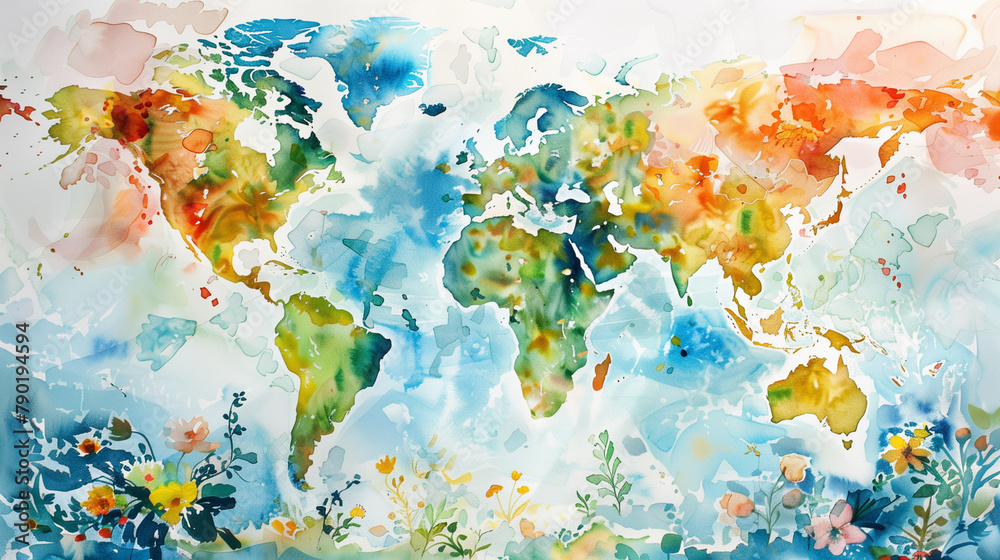 A world map in watercolors that focuses on various ecological regions ...