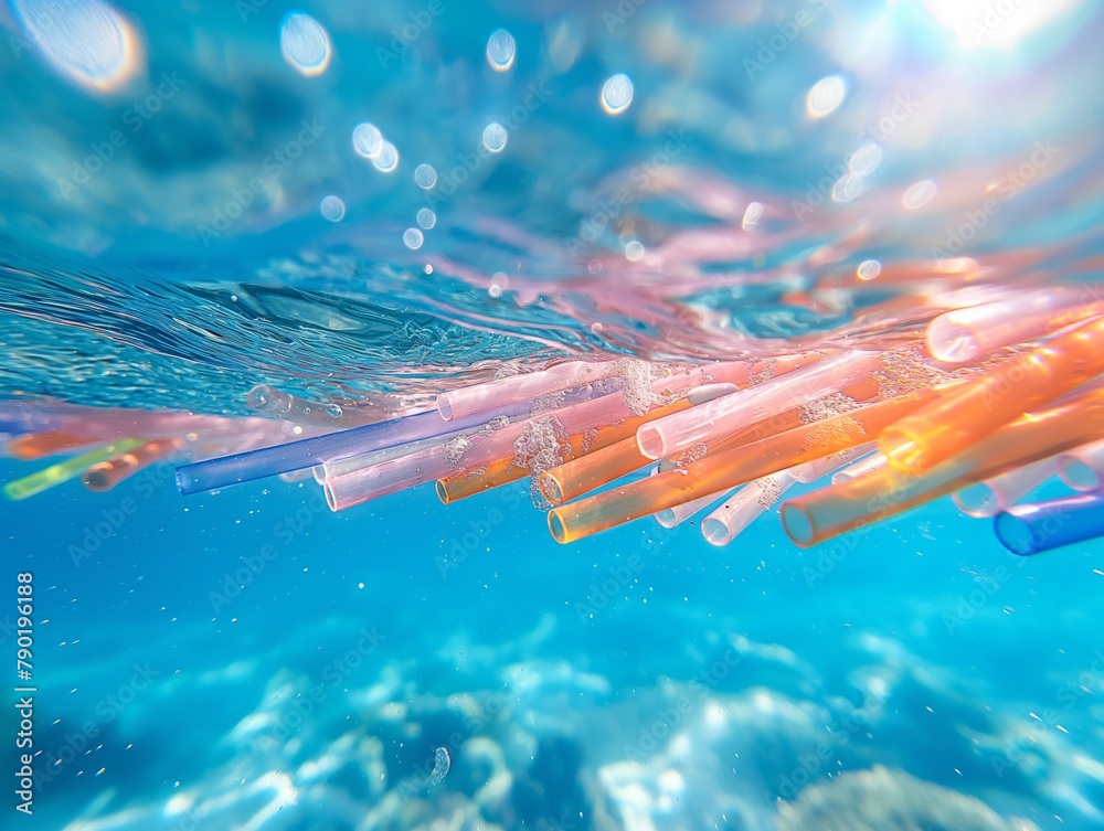 A bunch of plastic straws are floating in the ocean. Concept of ...