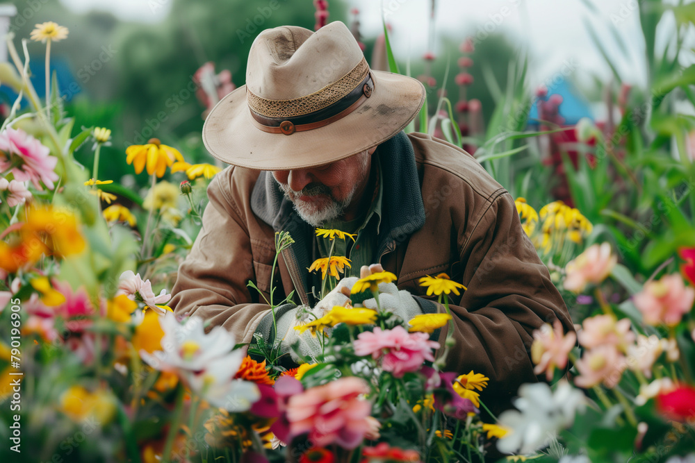 joy of a gardener as they admire their blooming flowers, with a white ...