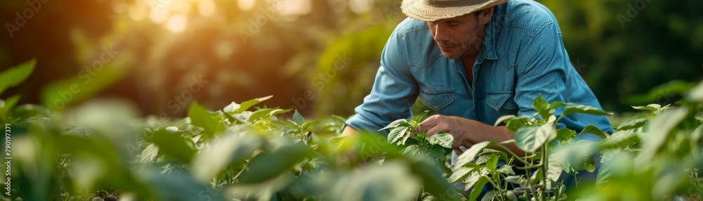 Generate an image of an organic farmer using rainwater collection ...