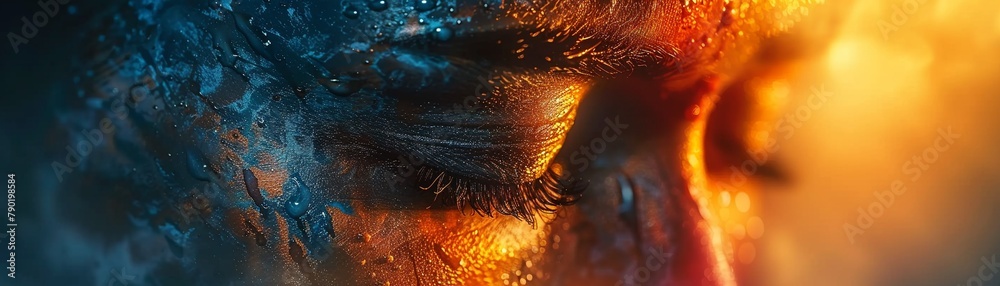 Joy and sorrow, face in half shadow, vibrant vs muted colors, central ...