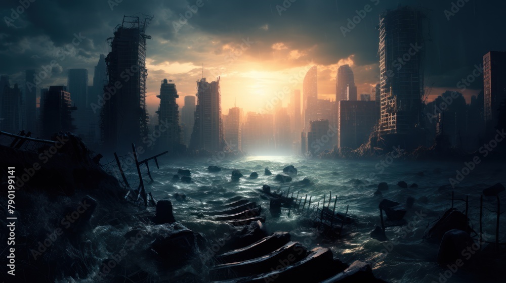 Floods, flash floods, rising sea levels, natural disasters. City floods ...