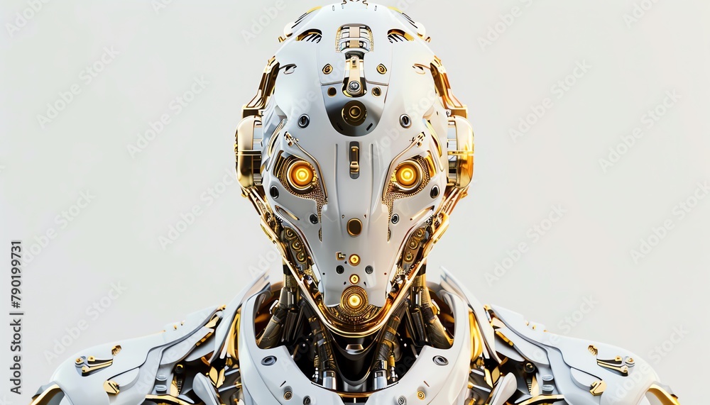 Design a futuristic robot in a frontal view, using sleek, metallic ...