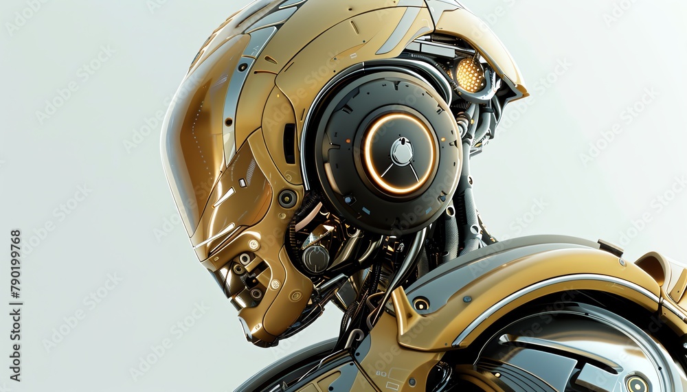 Design a futuristic robot in a frontal view, using sleek, metallic ...