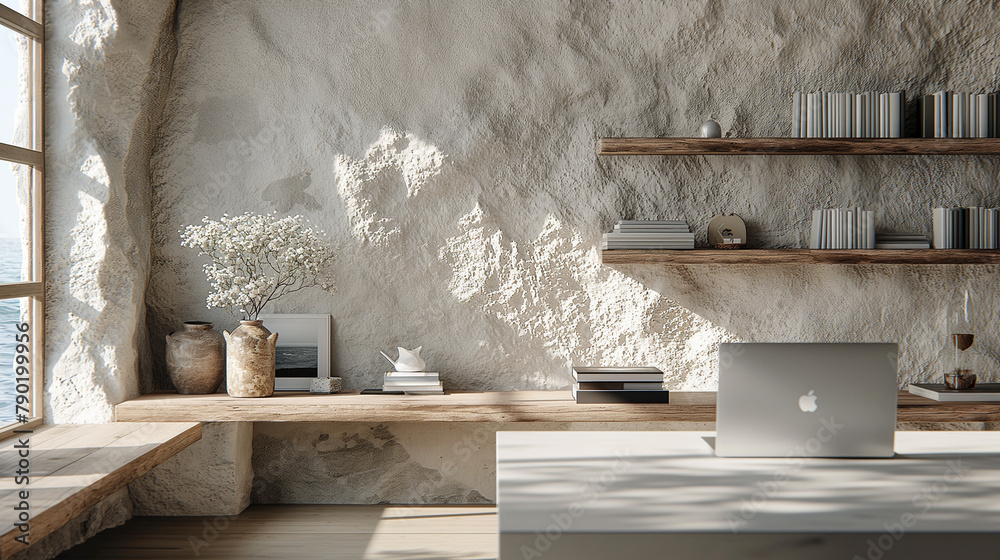 A modern design desk is adorned with a sleek, open laptop on the right ...