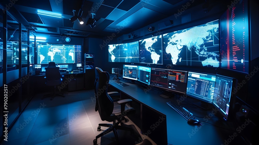 Dark Cybersecurity Center with Live Hacking Simulation Displays for ...