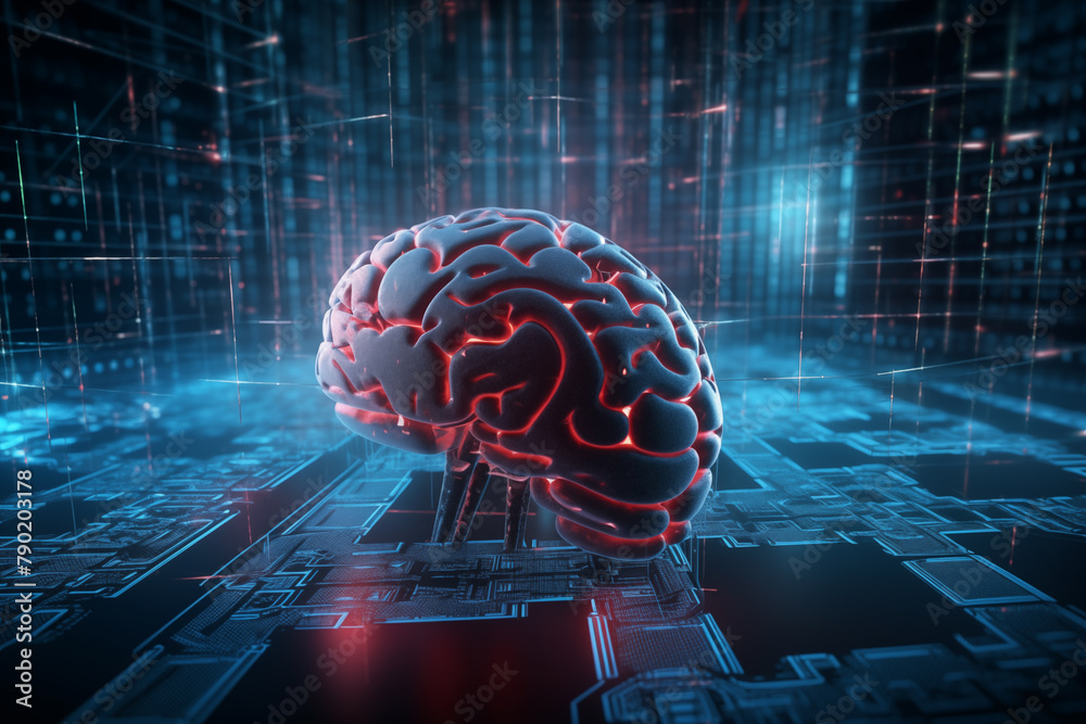 A brain is shown in a computer generated image with red and blue colors ...