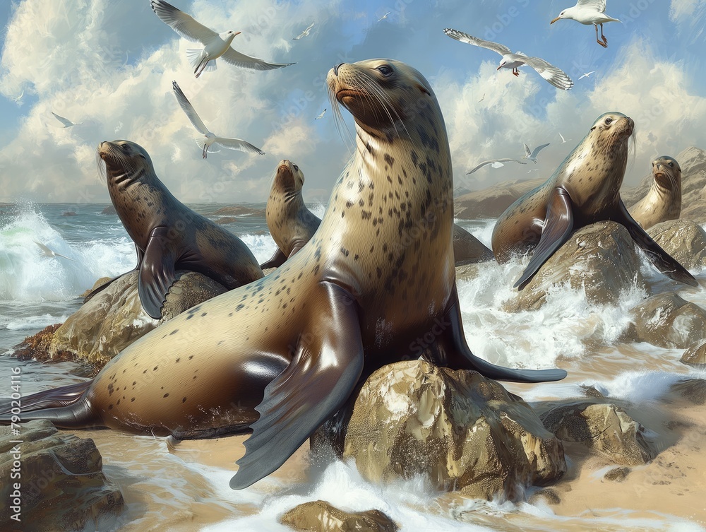 A painting of a group of seals on a rocky beach. The mood of the ...