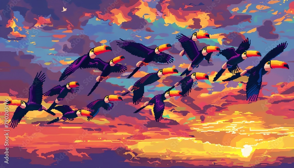 Illustrate a flock of vibrant toucans in a pixel art style, flying ...