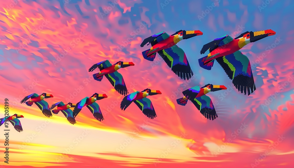 Illustrate a flock of vibrant toucans in a pixel art style, flying ...