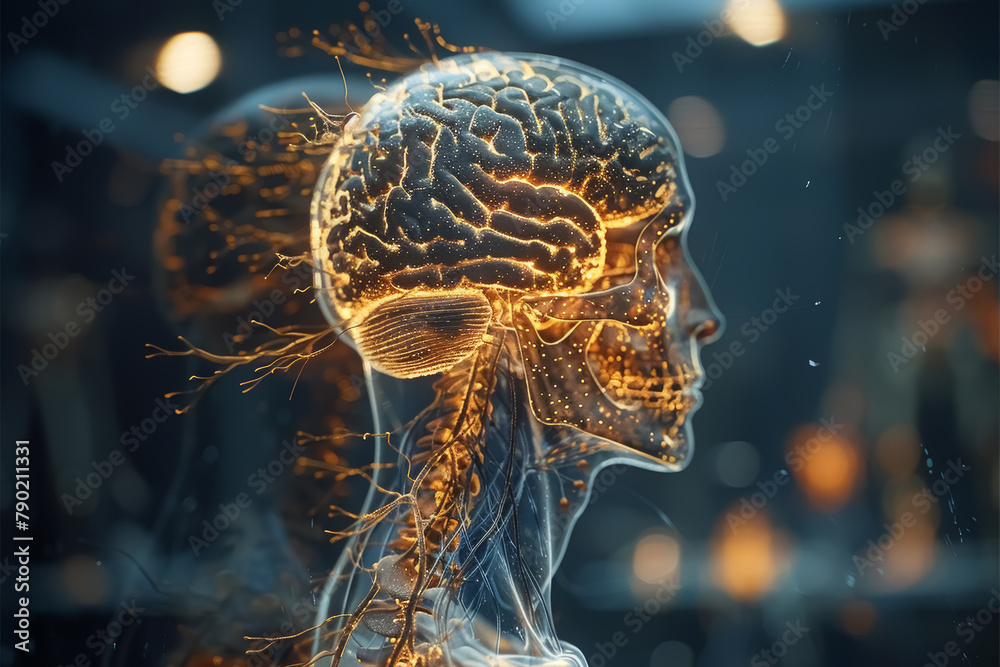 transparent human head silhouette with visible brain anatomy in blue ...