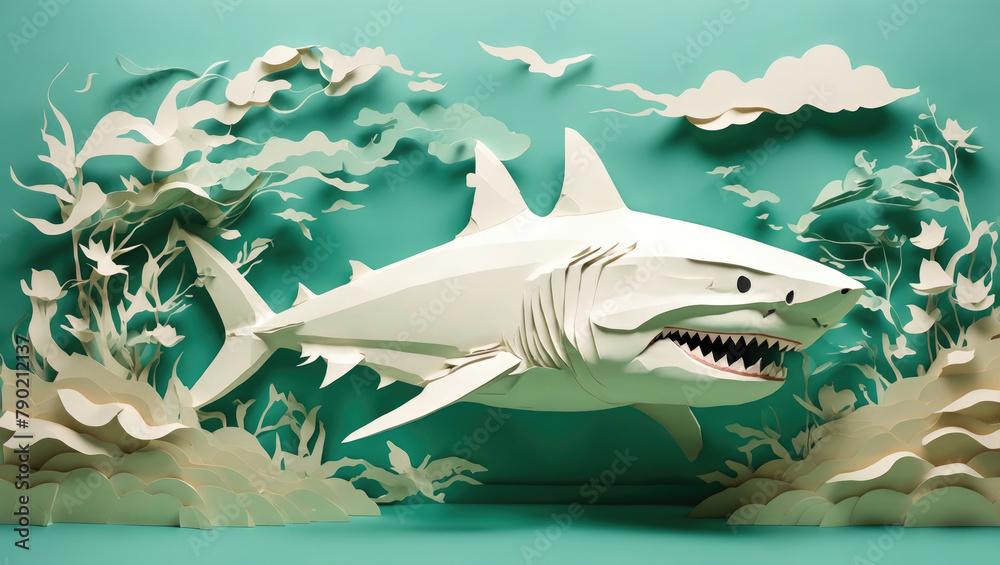 great white shark with open jaws in paper art style on an imaginary ...