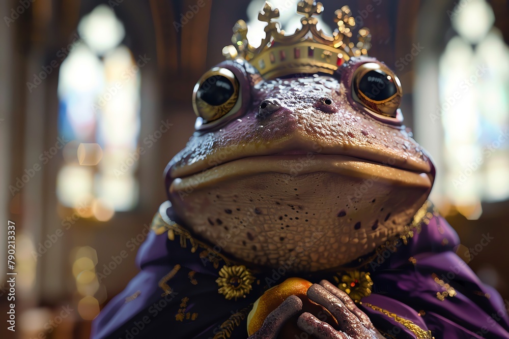 anthropomorphic purple billionaire frog with gold muffin and crown, rim ...