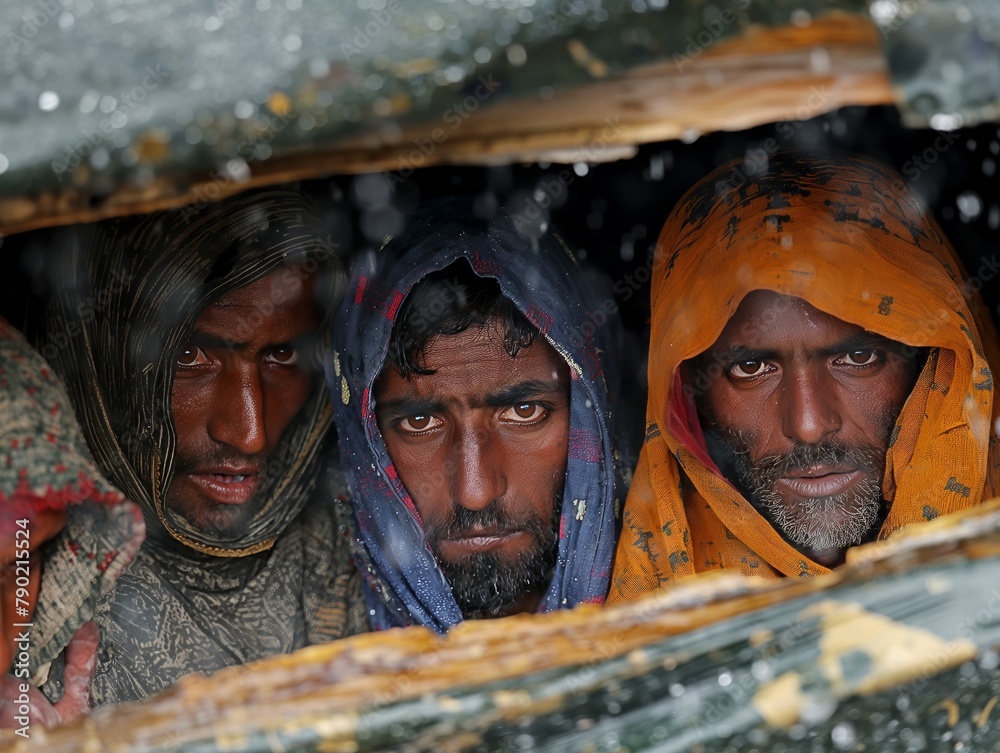 Three men are standing in front of a window, with their faces visible ...