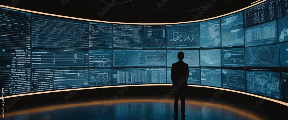 A silhouette of a person standing in front of a giant digital screen ...