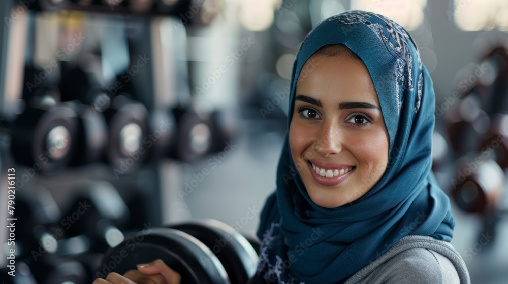 beautiful muslim woman with hijab in the gym with weights in the ...