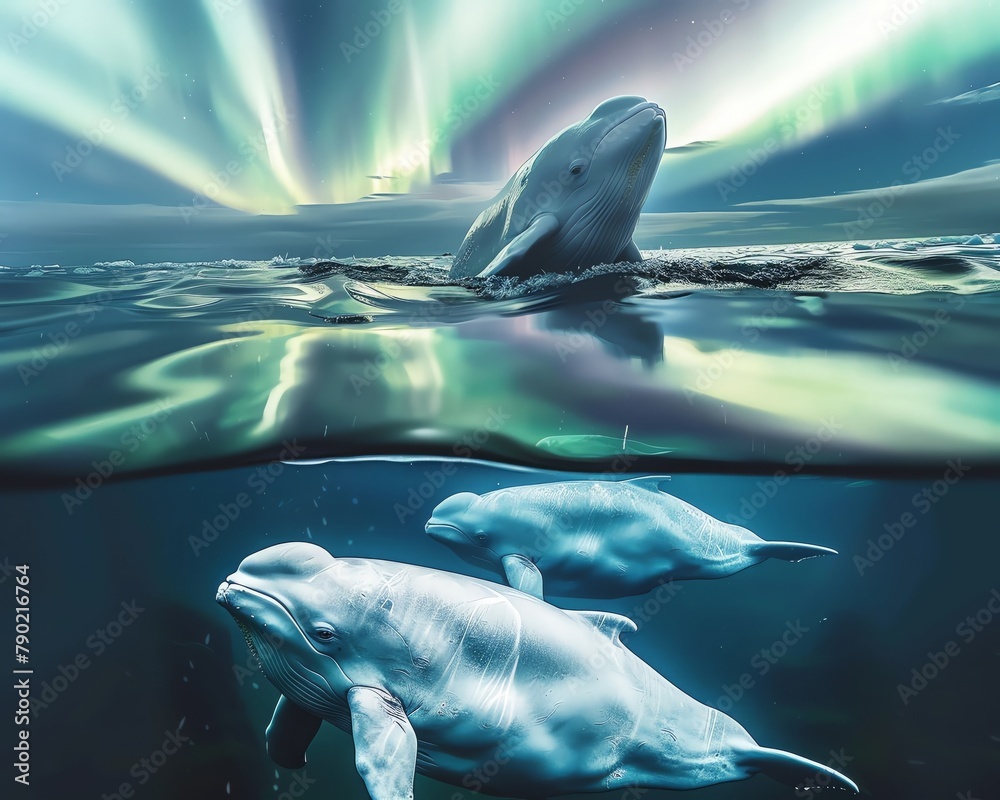 Beluga whales under the Northern lights, surrealistic style, above and ...