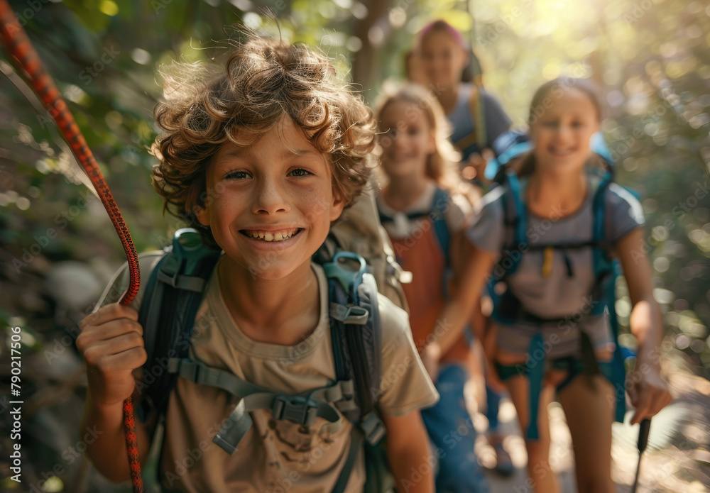 happy kids and parents on an adventure, hiking in the forest with ...