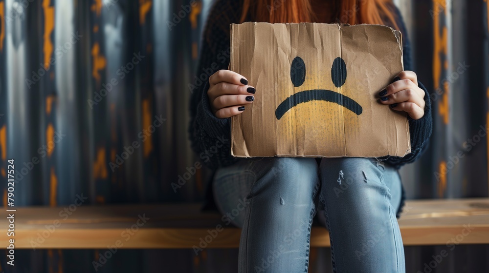 Depressed Woman Holding Sad Face Sign: Mental Health Awareness Stock ...