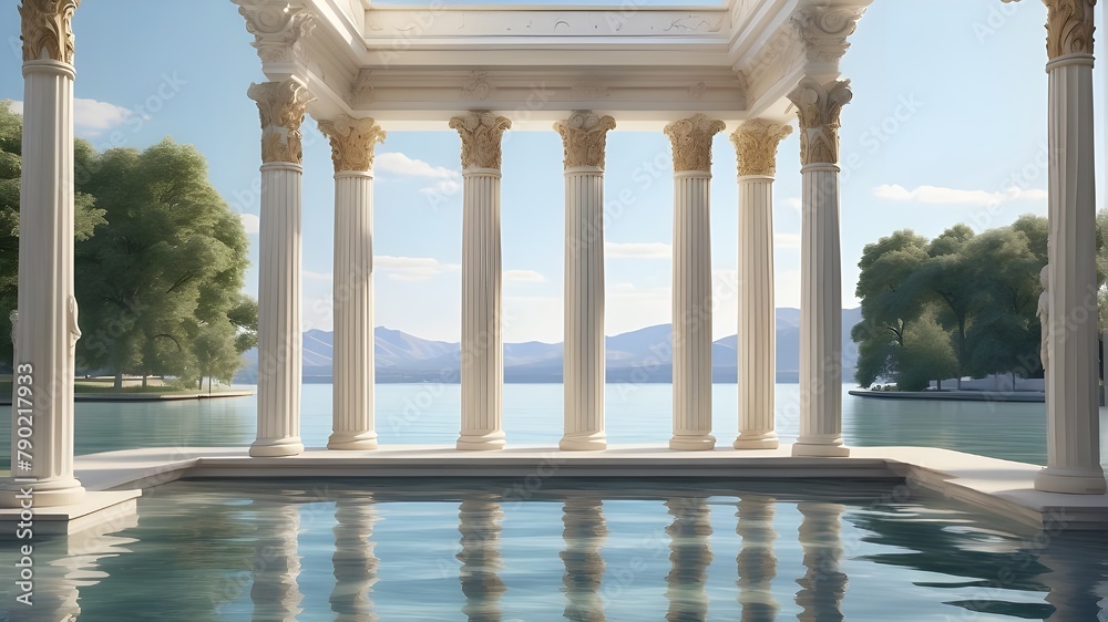 A photorealistic image featuring white columns set against a serene ...