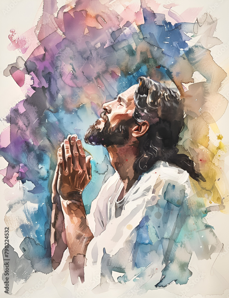 Holy Intercession: Watercolor of Jesus Praying. Spiritual Serenity: A Watercolor Depiction of ...