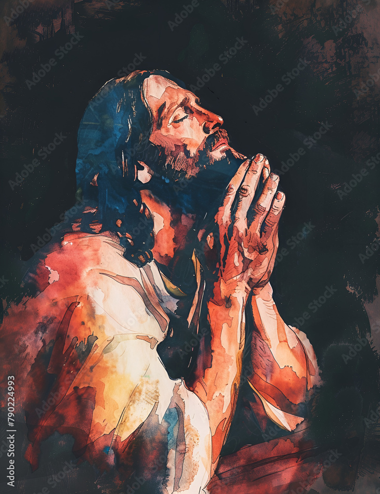 Holy Intercession: Watercolor of Jesus Praying. Spiritual Serenity: A Watercolor Depiction of ...