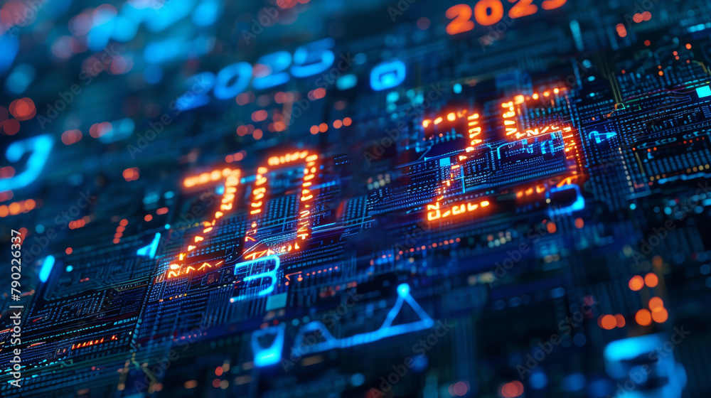 New Year 2025 text on electronic circuit board, Digital numbers 2025. New year blue background ...
