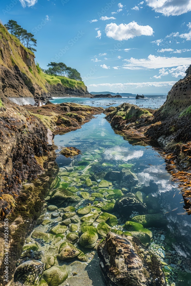 Rocky coast with tide pools, teeming with life during low tide, dynamic ...