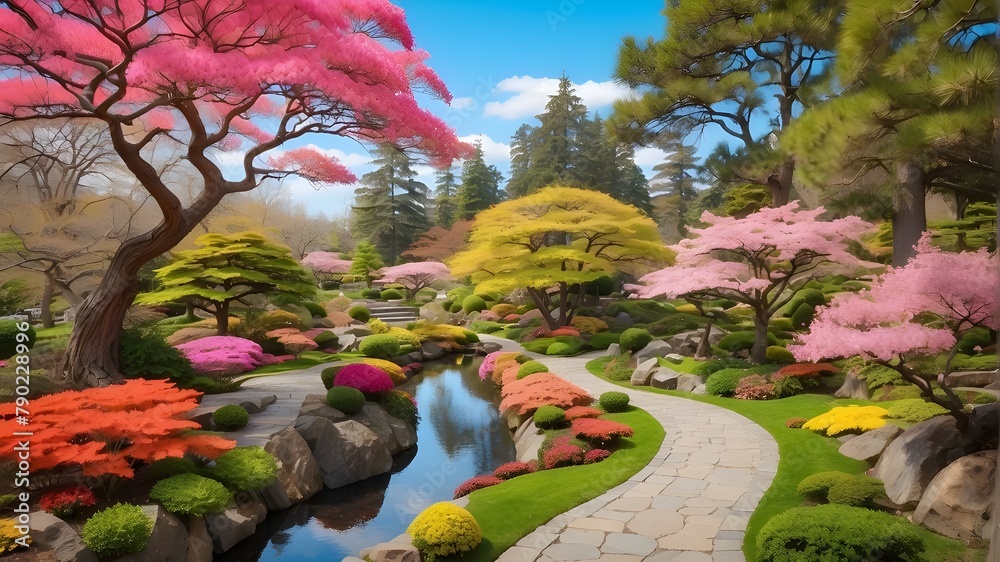 Japanese garden in springtime, featuring colorful trees and a winding ...