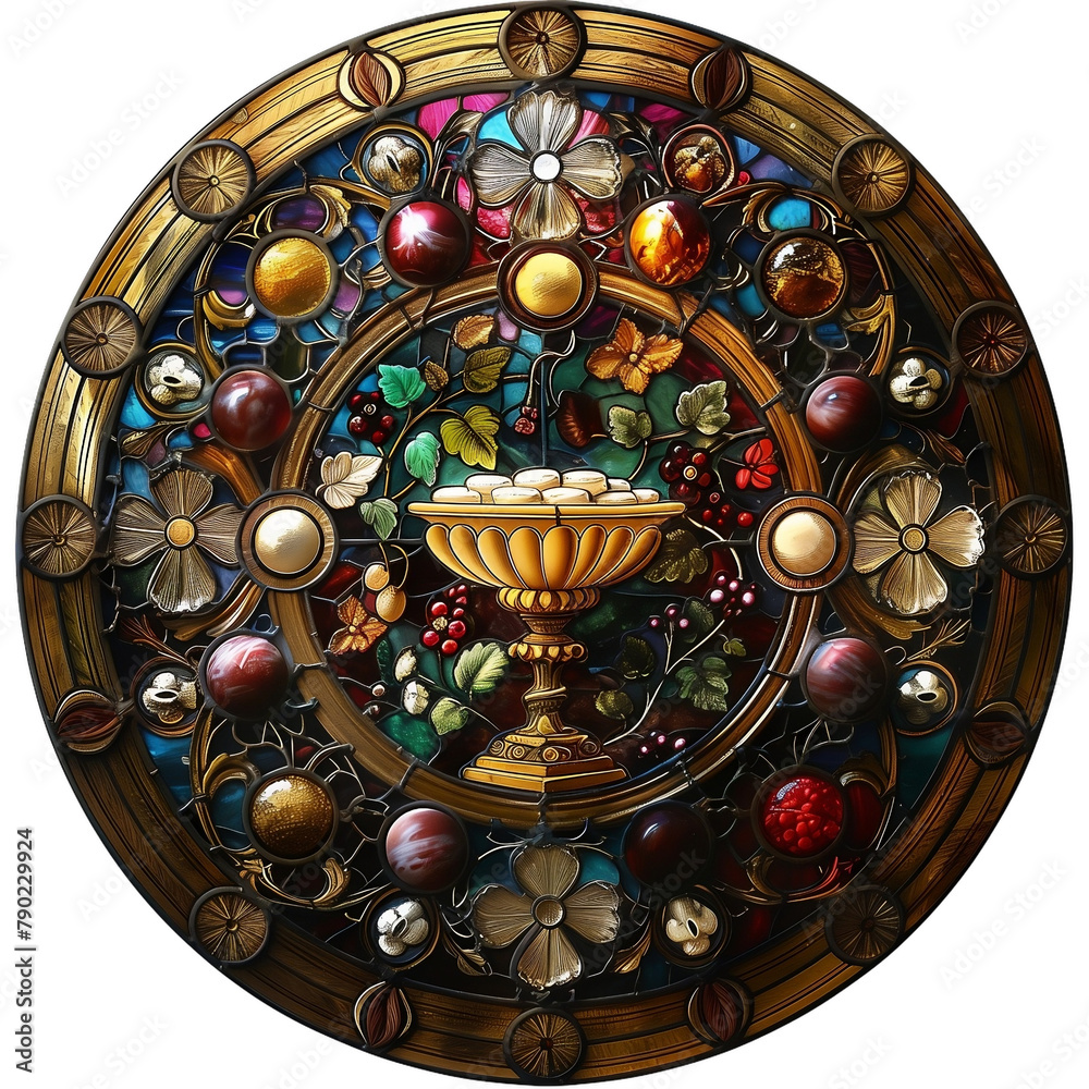 A round stained glass window with a sacred host for the Catholic ...