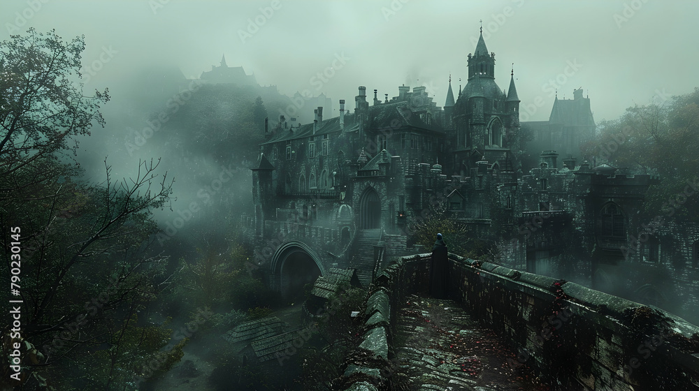 A dense fog enveloping a historic city, the old buildings and ...